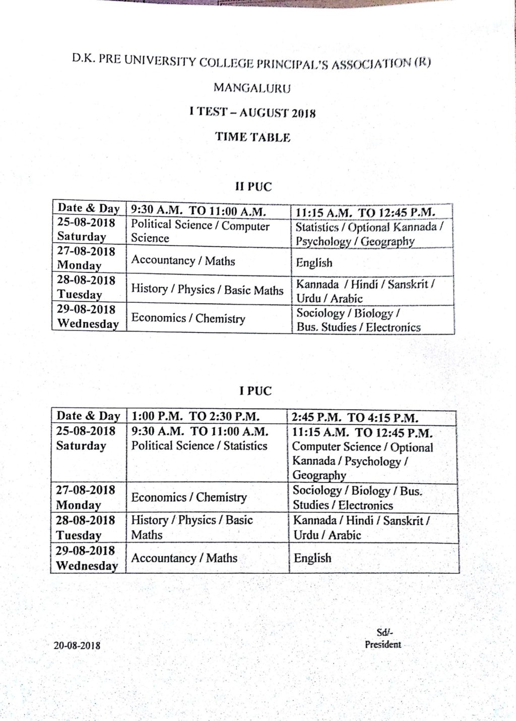 FIRST TEST TIME-TABLE | Dakshinakannada Pre-University College ...